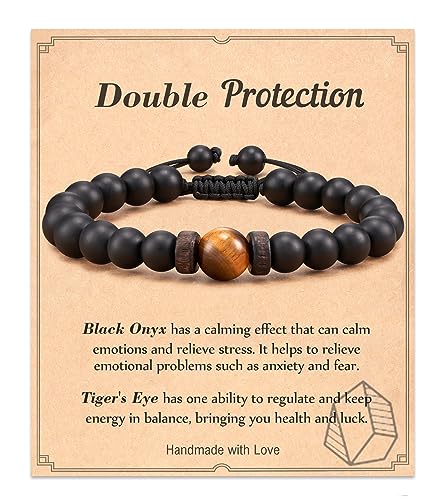 Bracelets for Men, Natural Tiger Eye Black Onyx Stone Protection Bracelets, Healing Mens Beaded Bracelet Gifts for Men Dad Boyfriend Husband Son Brother Grandpa Father