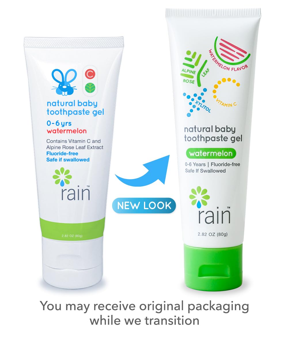 Rain Natural Bamboo Kids Toothbrush Set Fluoride-Free Baby Toothpaste Safe to Swallow with Vitamin C for 6 to 12 Months Up Infant Toddler Toothbrush BPA-Free Biodegradable (3 Toothbrush 3 Toothpaste)