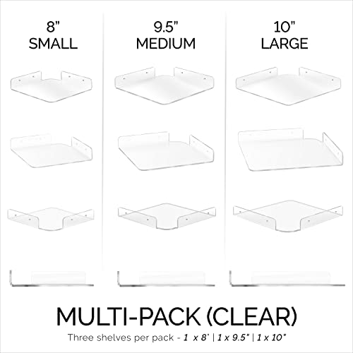 BRAINWAVZ 3-Pack Mixed Size Corner Shelf (8β 9.5β & 10β) for Speakers, Books, Decor, Plants, Cameras, Photos, Kitchen, Bathroom, Routers & More Universal Small Holder Acrylic Wall Shelves (Clear)