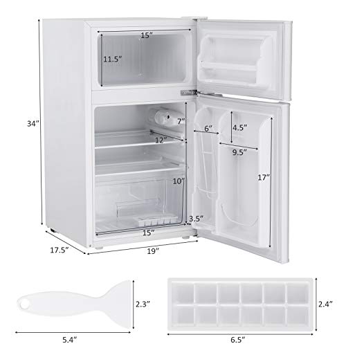 Hysache 3.2 cu ft ompact Refrigerator, Double Door Mini Fridge w/Removable Glass Shelves, Mechanical Control & Angle LED Light, Energy Saving Separate Freezer for Home, Office & Dorm (White)