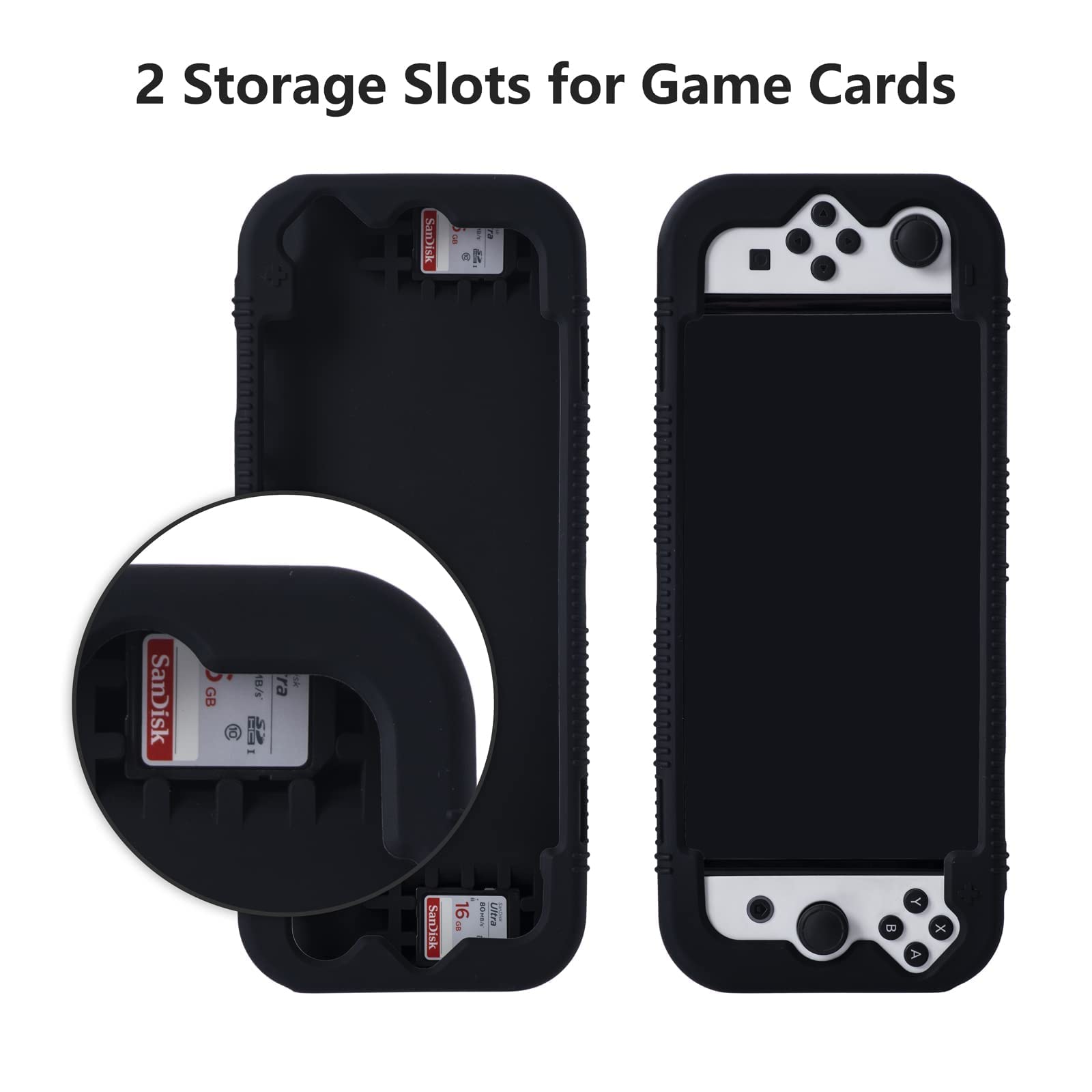 Teyomi Silicone Case for Nintendo Switch OLED with 2 Game Cards Slots, [Kids Friendly] Shockproof Protective Cover with Tempered Glass Screen Protector, Ergonomic Grip Case for Switch OLED, Black