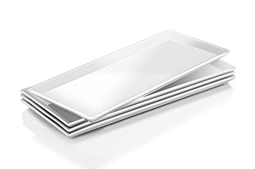 DOWAN 14.5" Rectangular Plates Set of 4 - Long Serving Trays for Sushi, Pasta, Chips, Appetizer, Cake - White Ceramic Rectangle Platter for Party, Restaurant, Banquet - Dishwasher & Oven Safe