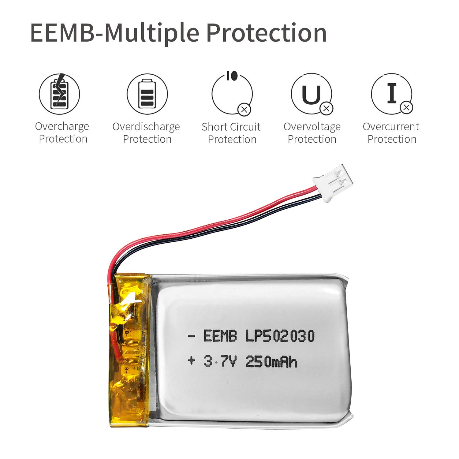 EEMB Lithium Polymer Battery 3.7V 250mAh 502030 Lipo Rechargeable Battery Pack with Wire JST 2.0mm Connector for VXI Blue Parrott- Confirm Device & Connector Polarity Before Purchase