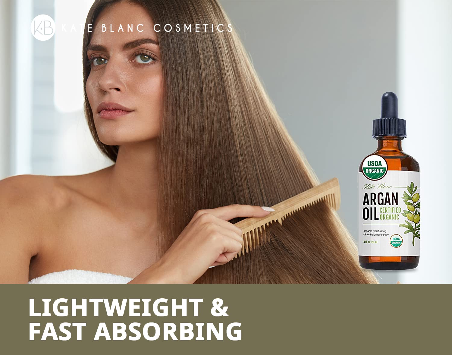 Kate Blanc Cosmetics Argan Oil for Hair, Face & Skin from Morocco. Promotes Hair Growth (4oz, USDA Certified Organic, Cold Pressed & 100% Pure)