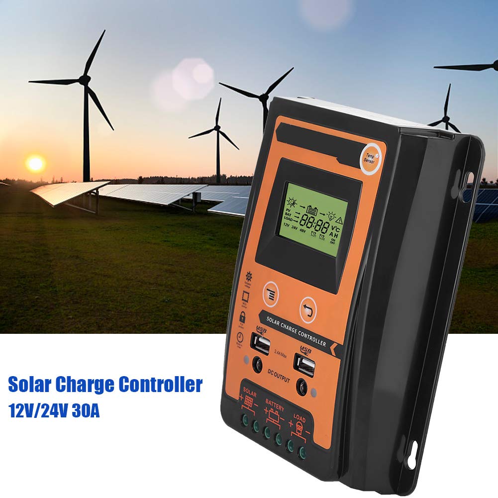 30A Solar Charge Controller 12V/24V, Dual USB MPPT Solar Charge Controller Solar Panel Battery Regulator LCD Display