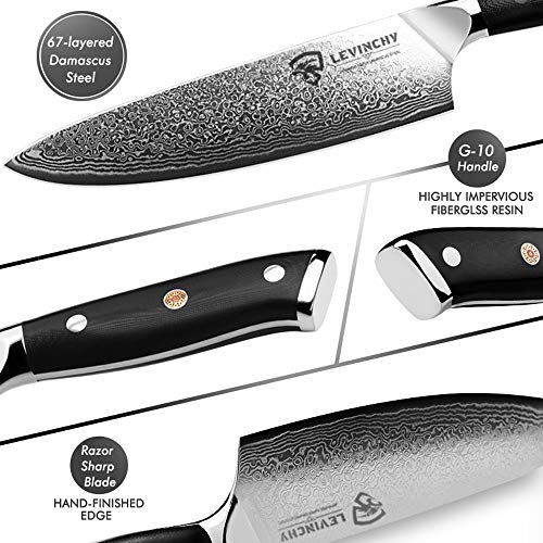 LEVINCHY 8 inch Damascus Chef Knife with Black Premium G10 Handle, Professional Damascus Stainless Steel Knife, Ergonomic, Superb Edge Retention, Stain & Corrosion Resistant