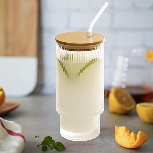 CAYOREPO 4 Pcs Set 16oz Ribbed Drinking Glasses with Bamboo Lids and Straws, Ribbed Glass Cups, Stackable Glasses, Vintage Water Glasses for Juice, Beer, Coffee, Tea and Cocktail (Clear(4Pcs))