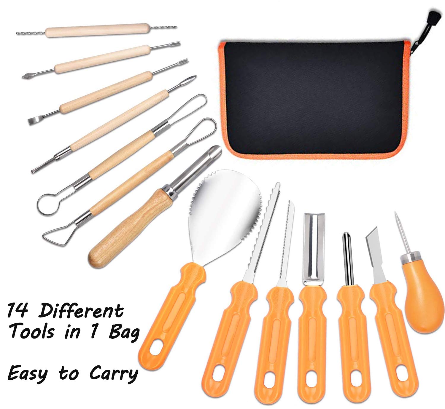 Halloween Pumpkin Carving Kit - 14 Pcs Professional Jack-O-Lanterns Pumpkin Cutting Supplies Tools Kit - Easily Sculpting DIY Halloween with Carrying Case - Carving Knife for Halloween Decoration