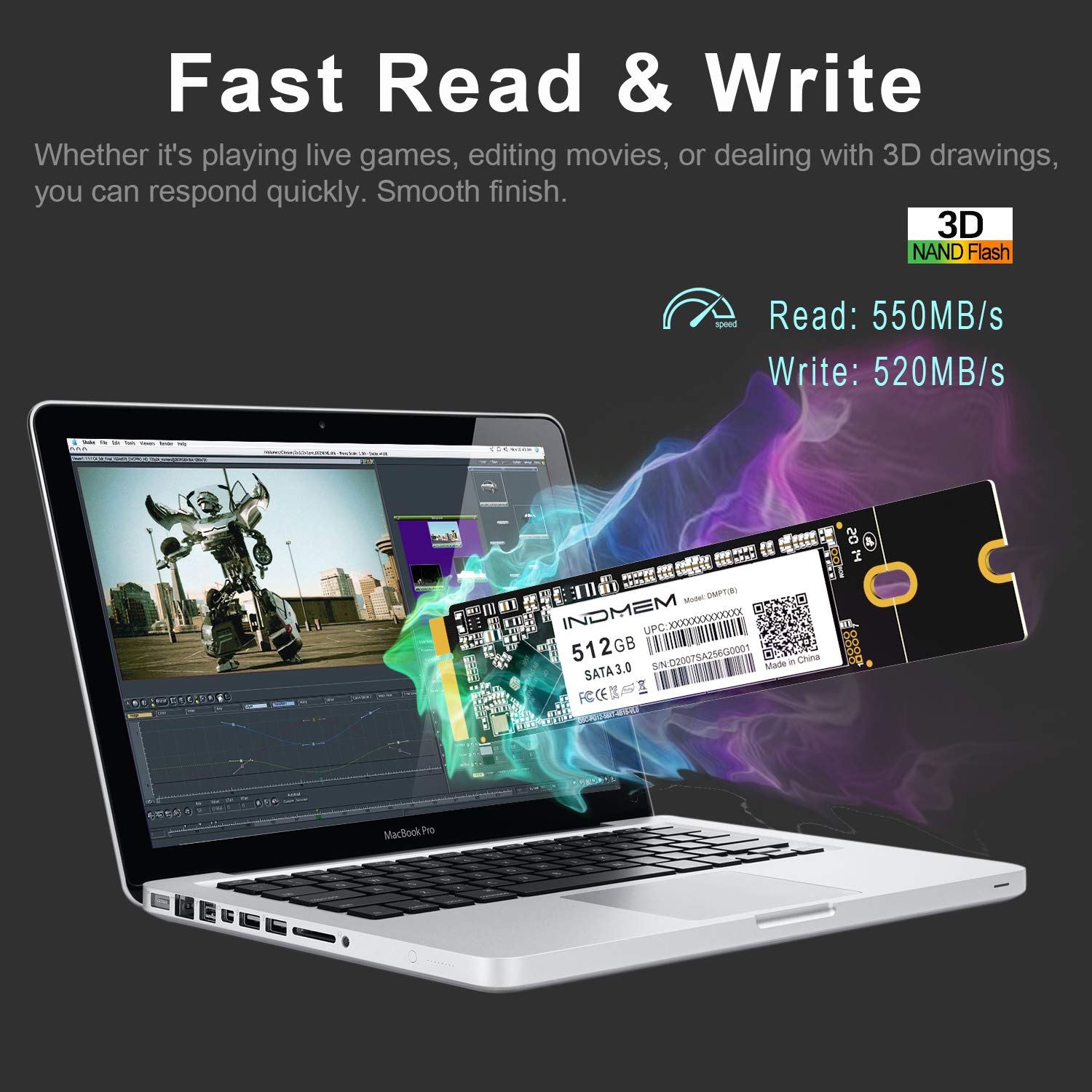 INDMEM AHCI SATA SSD 512GB 3D TLC Flash Drive Upgrade for MacBook Air Mid 2012 A1465 (EMC 2558), A1466 (EMC 2559)