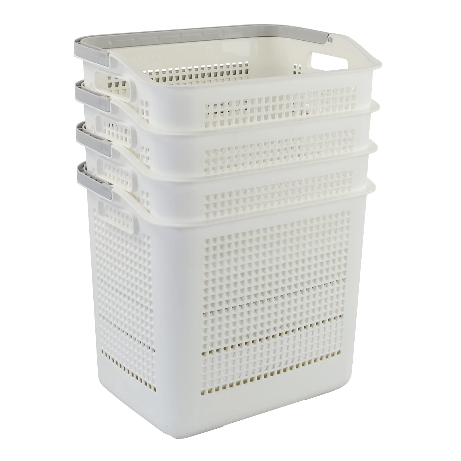 Lesbin 35 L Plastic Laundry Storage Basket, White Laundry Hamper with Handle, 4-Pack