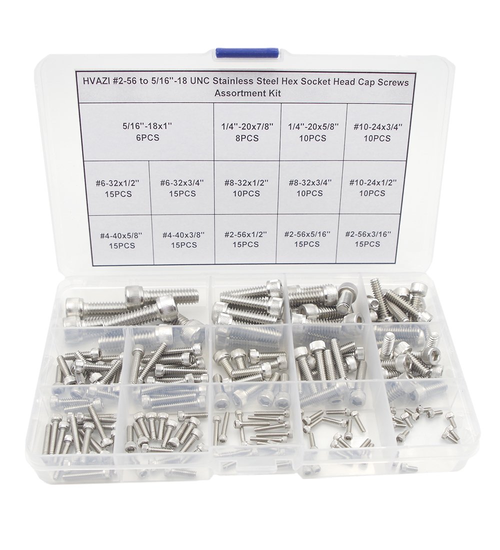HVAZI #2-56 to 5/16"-18 UNC Stainless Steel Hex Socket Head Cap Screws/Bolts Assortment Kit