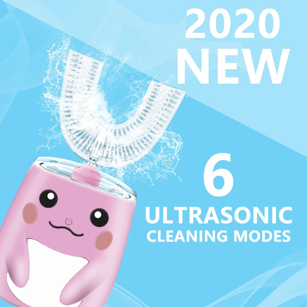Kids U Shape Electric Toothbrushes Ultrasonic Whole Mouth Auto Toothbrush with 6 Cleaning Modes 2 Brush Heads Brushing Timer Lights IPX7 Waterproof Rechargeable Cartoon Design for Ages 2-6