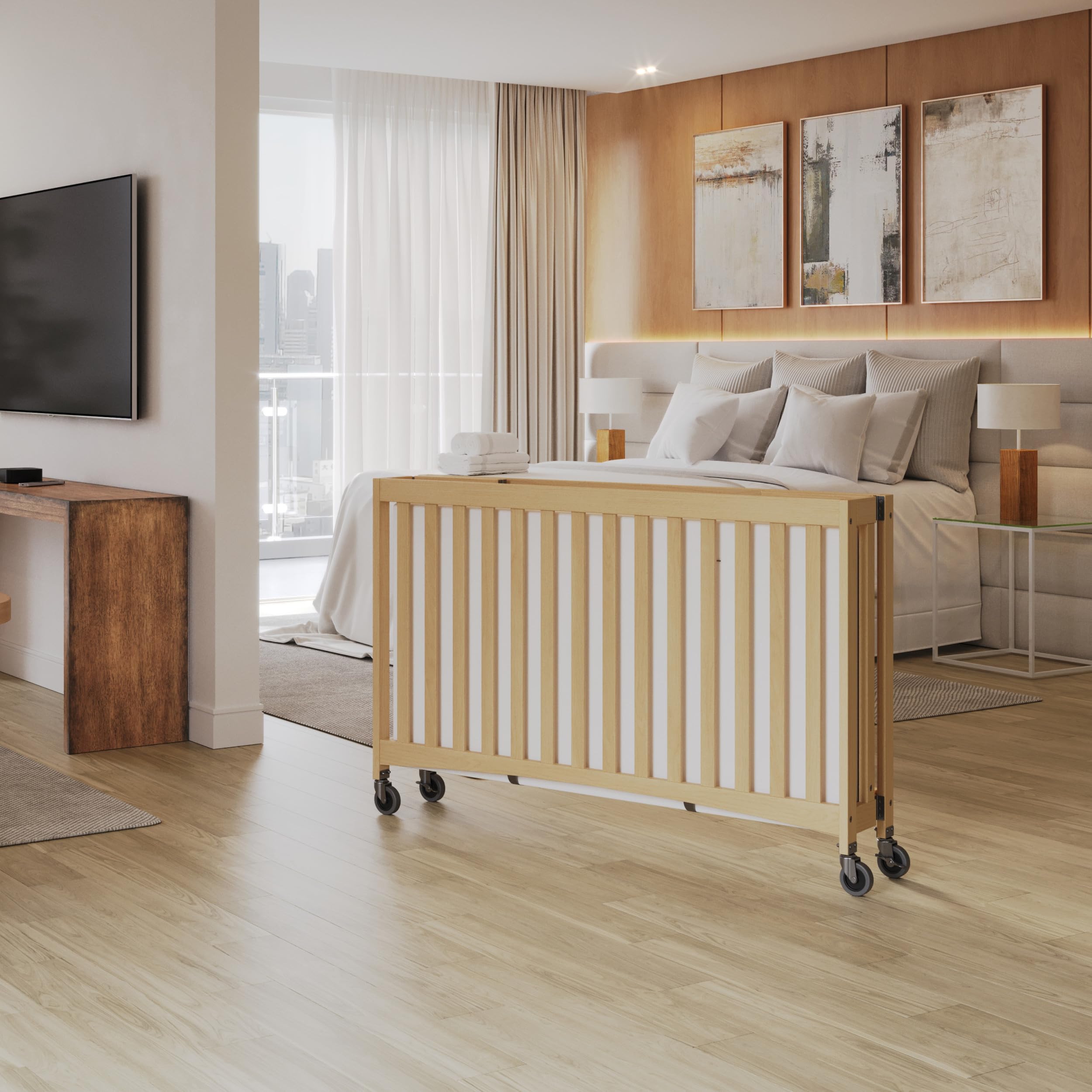 Foundations Travel Sleeper Full-Size Wooden Folding Crib, Portable Baby Crib with 3” InfaPure Foam Crib Mattress and Commercial Grade Casters, Hotel Crib (Natural)