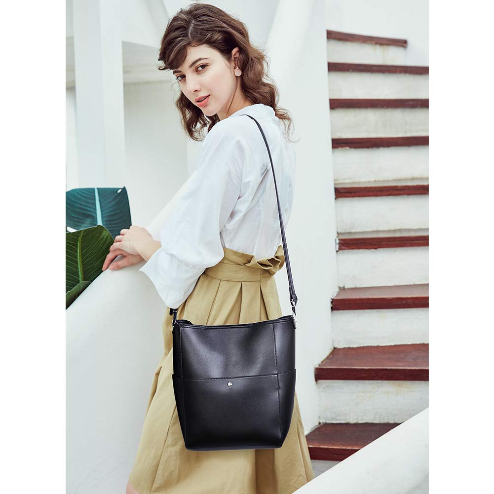 BROMEN Hobo Bags for Women Leather Handbags Designer Shoulder Bucket Crossbody Purse Black