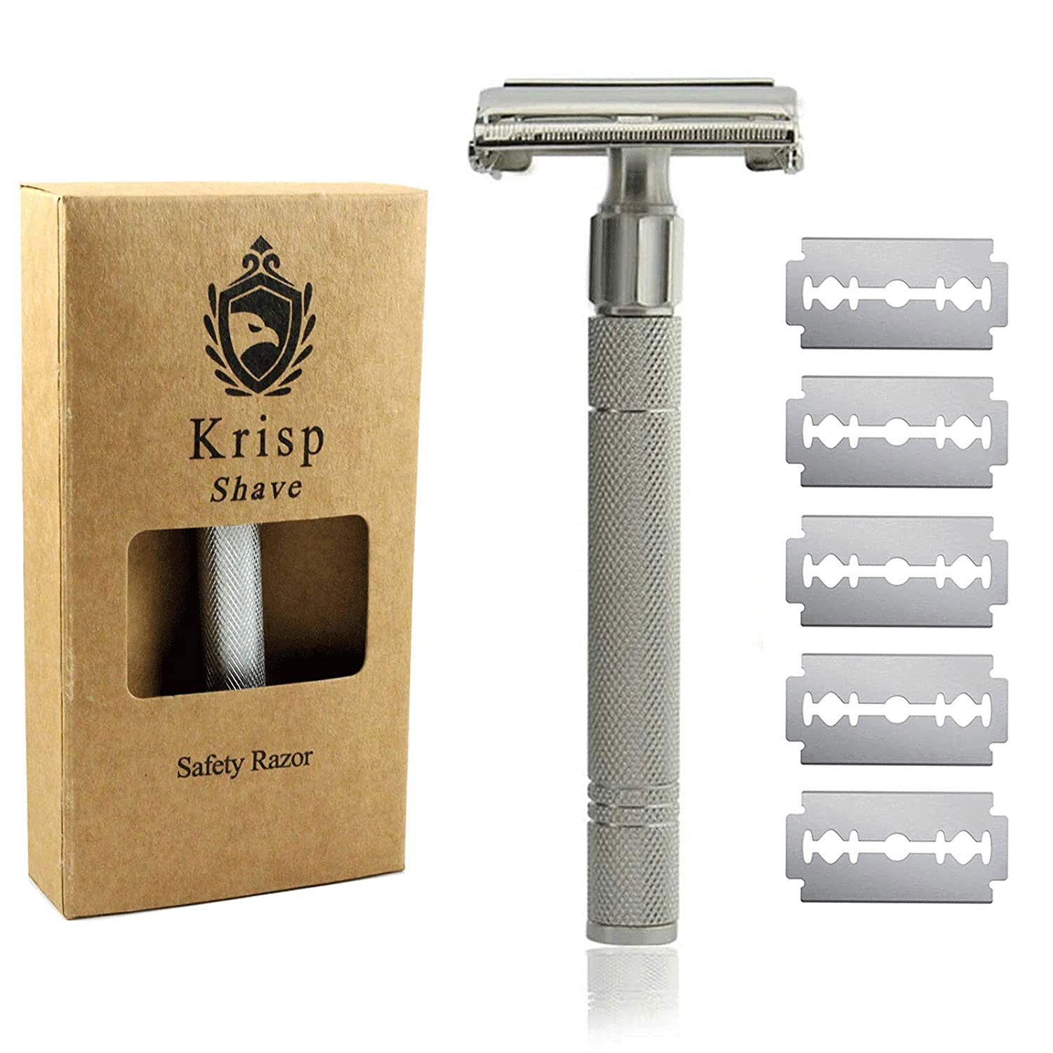 Krisp Beauty Long Handled Double Edge Safety Razor, Butterfly Open Men Women Shaving Razor with 5 Premium Double Edge Shave Blades