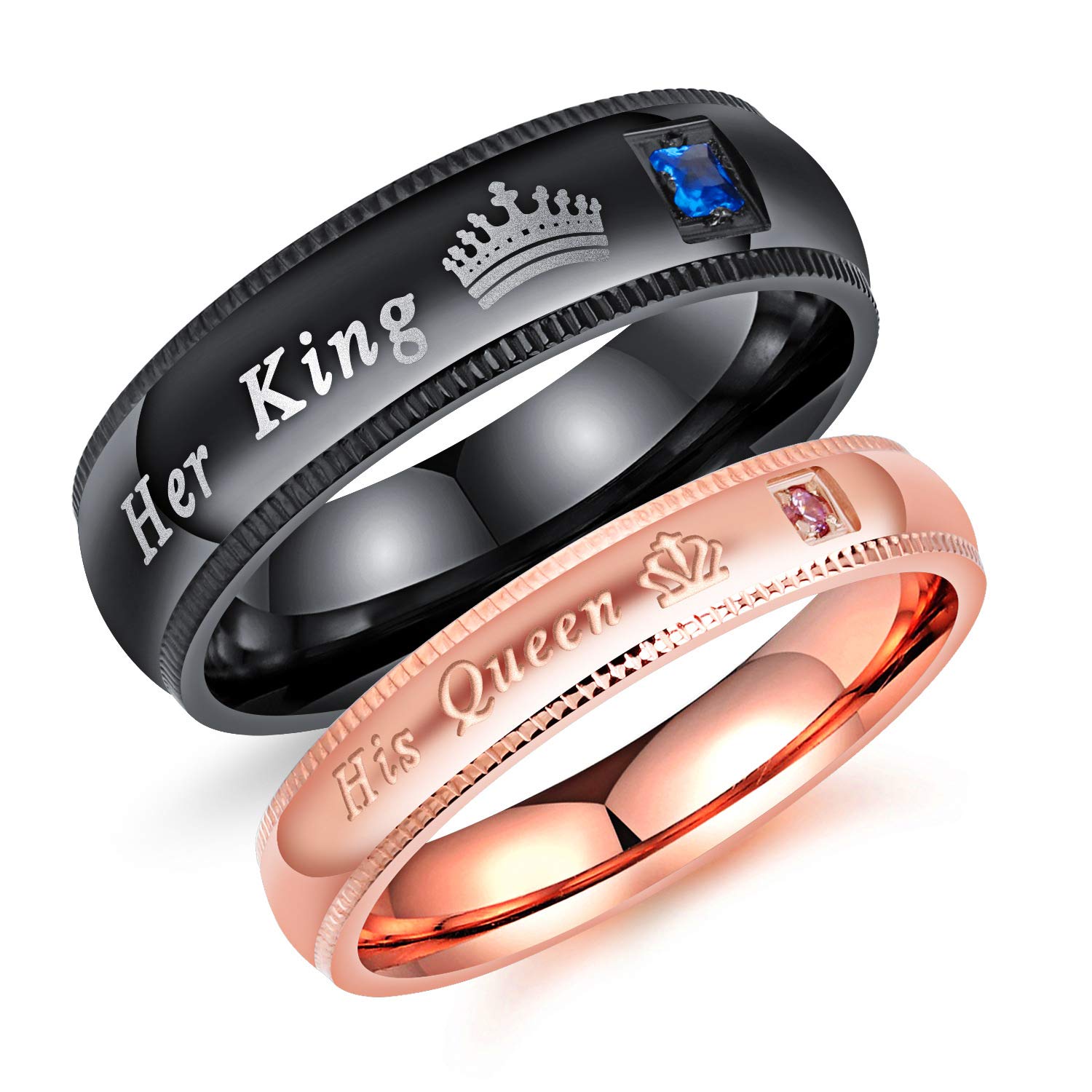 2pcs Matching Set Couple Rings Stainless Steel Promise Rings with His Queen and Her King Wedding Engagement Band
