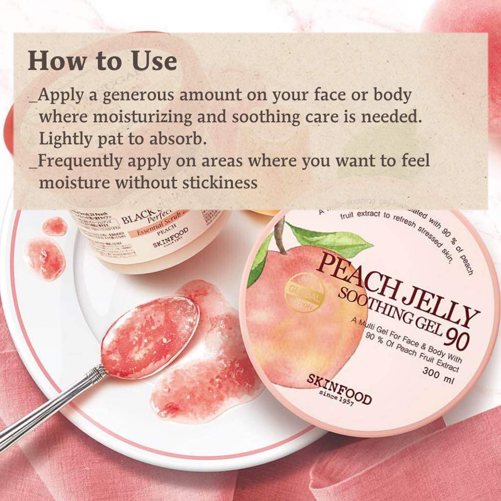 SKINFOOD Peach Jelly Soothing Gel - 90% Peach & Aloe Vera Face & Body Moisturizer, 10.14oz (300ml)