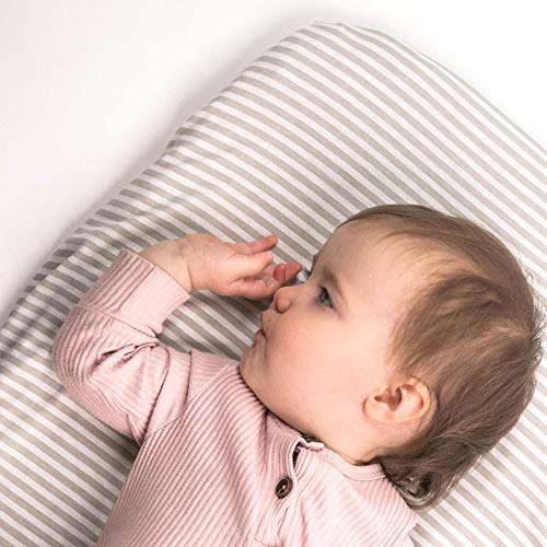 Bassinet Fitted Sheets Compatible with Halo, Fisher Price, Delta, Graco – Fits Perfectly on 15 x 33 Inch Oval, Rectangular Mattress Pad – Snuggly Soft Jersey Cotton – Grey Stripes, Lamb – 2 Pack