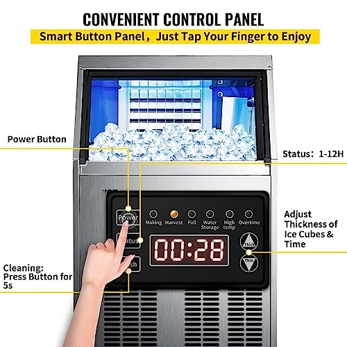 Commercial Stainless Steel Under Counter Ice Maker Machine with 33LB Bin - Automatic Operation, Water Filter, Scoop, Connection Hose - Makes 90-100LBS/24H - Ideal for Home Bar, Restaurant, and Office