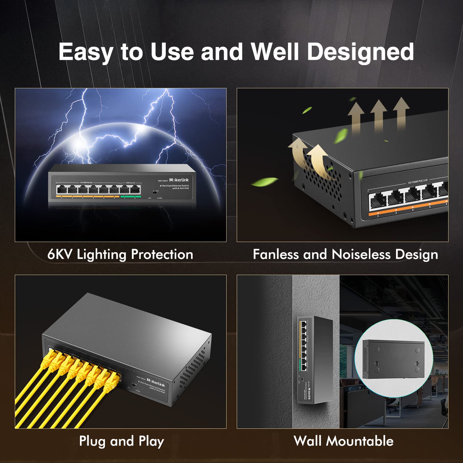 MokerLink 8 Port PoE Switch with 6 PoE+ Port, 2 Uplink, 100Mbps, 78W AI Detection IEEE802.3af/at, Fanless Metal Plug & Play Network Switch