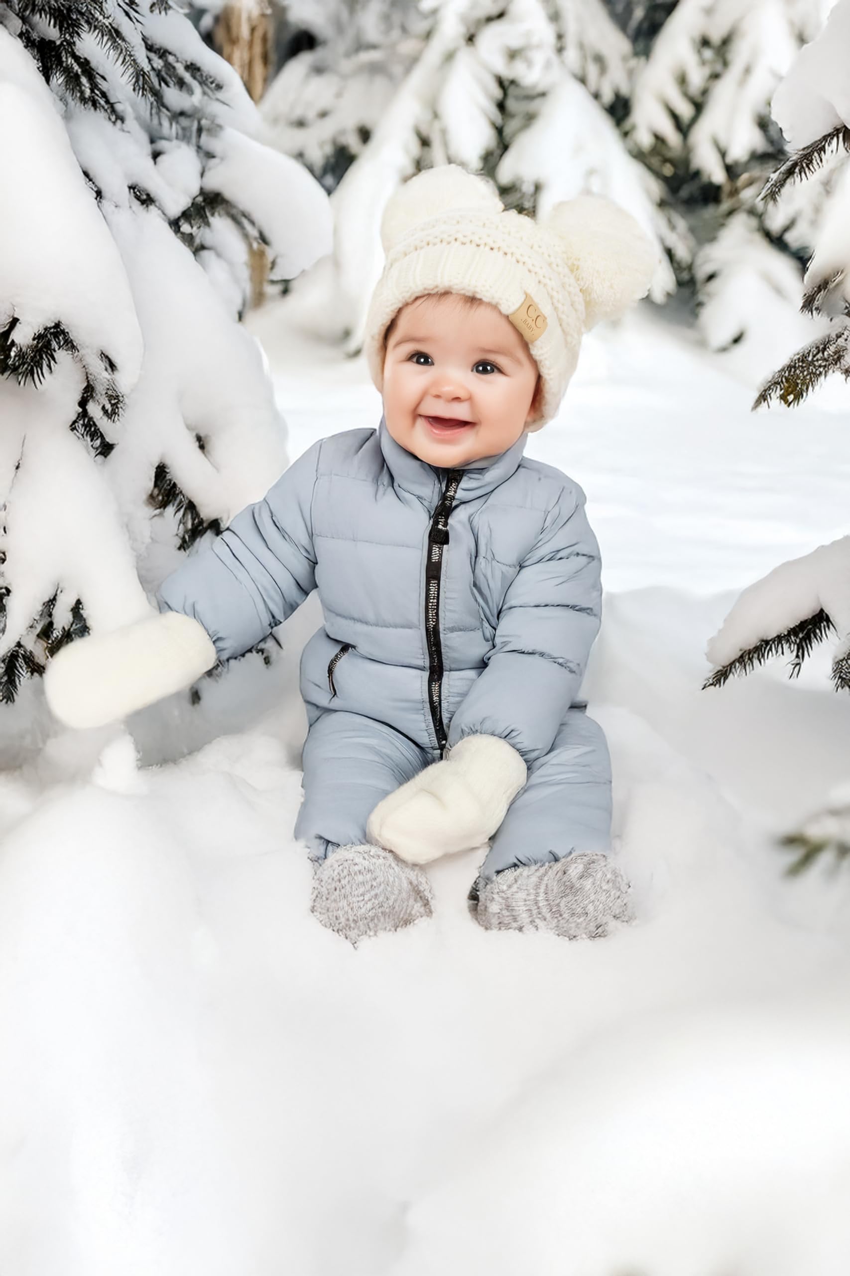 Funky Junque Exclusives Double Pom Baby Infant Beanie Knit Warm Winter Double Pom Pom Skull Cap Hat Ivory - Double Pom