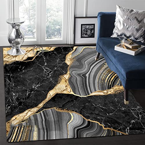 Cekaso Modern Abstract Marble Pattern Area Rugs 7x10 Black Gold Retro Accent Carpet for Living Dining Room Washable Soft Thick Bedroom Lux Art Deco Home Office Floor Rug Vintage Chic Indoor Runner