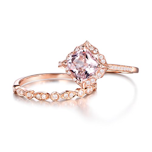 2pcs Morganite Bridal Ring Set,Engagement Ring Rose Gold,Diamond Wedding Band,14k,7mm Cushion Cut,Promise Ring,Retro Vintage Floral,Art Deco
