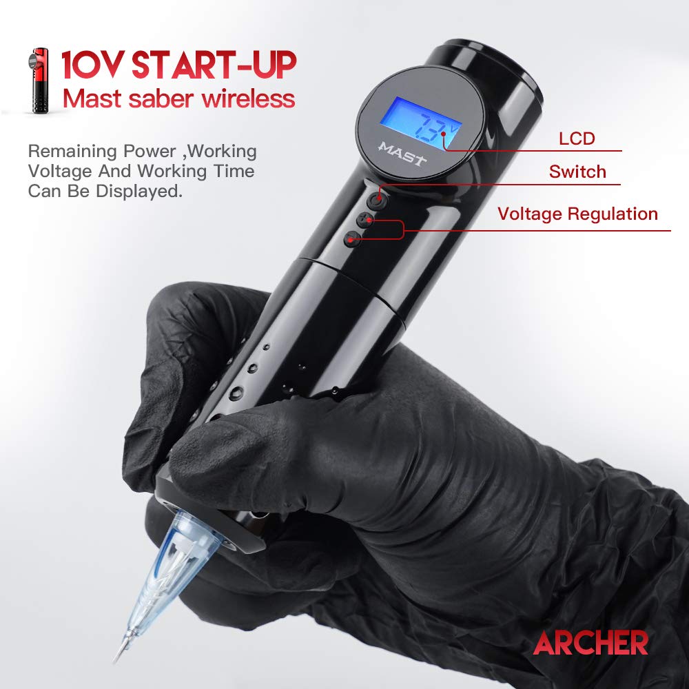 Mast Archer Cordless Tattoo Pen Machine, Rotary Tattoo Gun with Powerful Motor by Mcore, 2,000mAh Battery by Mastlabs for Run Long Time 3.5mm Stroke Black
