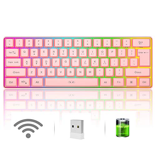 MageGee TS92 Wireless 60% Gaming Keyboard, Compact 61 Keys Rechargeable RGB Backlit Office Keyboard, 2.4G Wireless Connection, Pink Waterproof Portable Computer Keyboard for Mac Windows Laptop