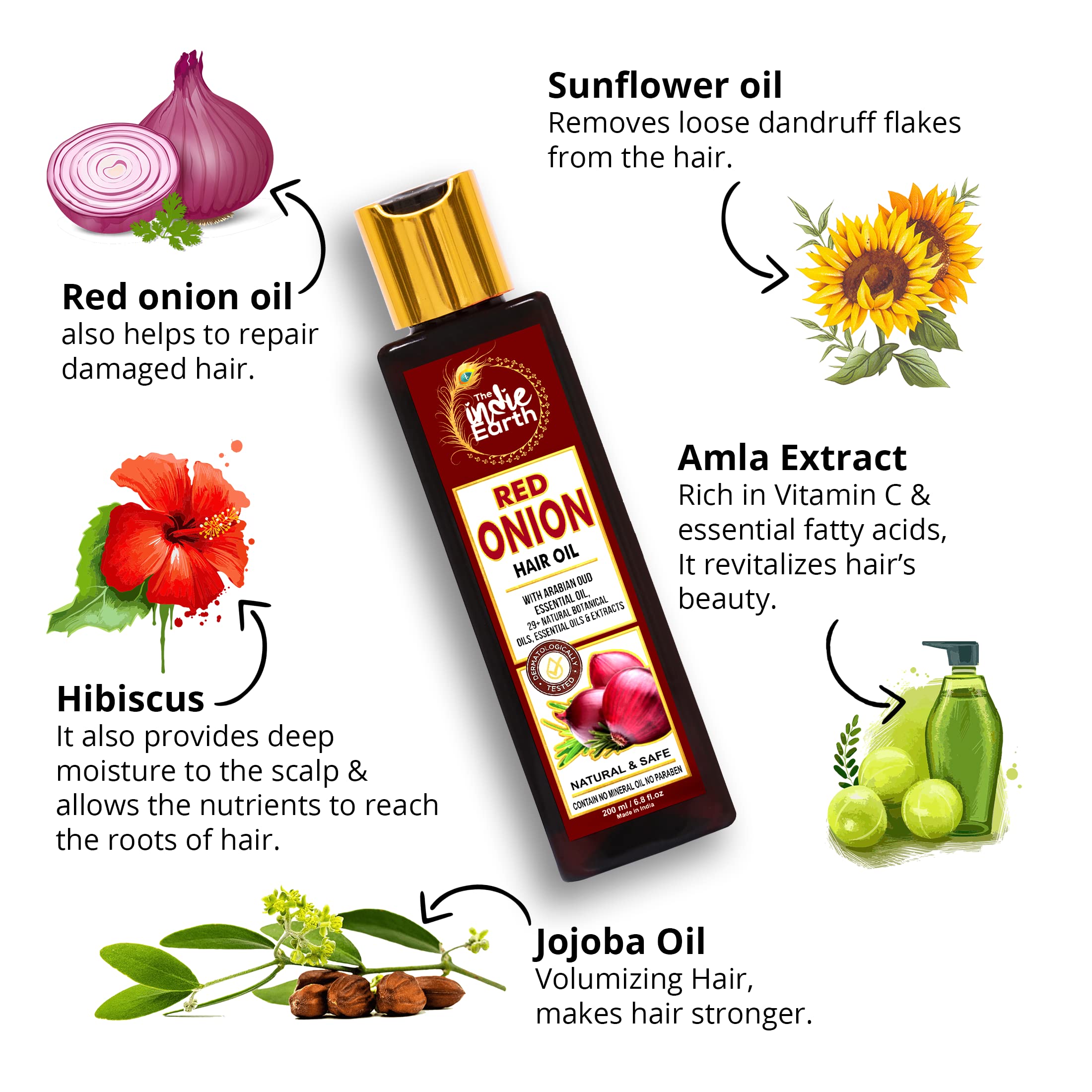 Red Onion Hair Growth Oil - Anti Hair Fall Enriched with 29+ Natural Herbs, Extracts & Oils Including Argan, Jojoba, Rosemary & Black Seed - 200ml