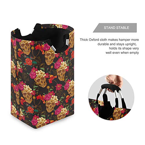 RunningBear Laundry Basket Washing Clothes Hamper - Sugar Skulls Roses Day Dead Collapsible Laundry Hamper Large Capacity Hampers for Bathroom, Bedroom