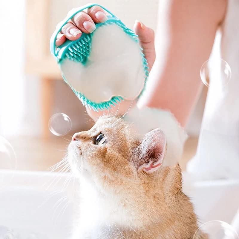 Bath Brush Scrubber Soft Silicone Pet Shower Grooming Shampoo Massage Dispenser For Short Long Haired Dogs And Cats (Blue+Pink)