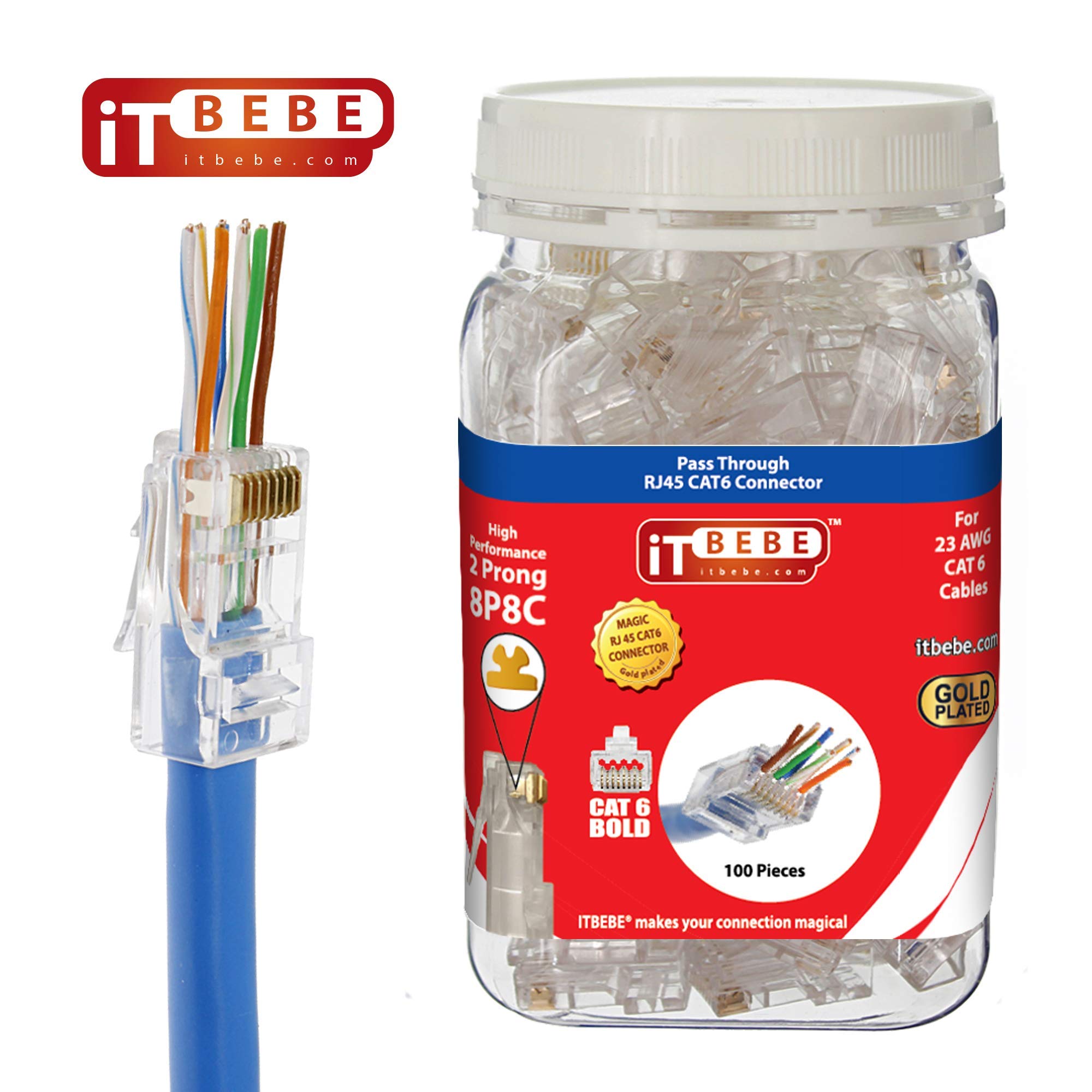 ITBEBE 100 Pieces - Gold Plated RJ45 Cat6 Cat6a Pass Through Connector for 23 AWG Cables