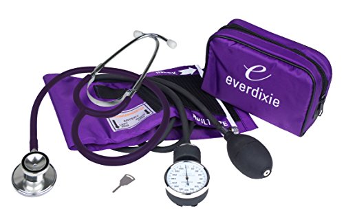 Dixie EMS Aneroid Sphygmomanometer and Dual Head Stethoscope Set with Adult Size Blood Pressure Cuff, Calibration Key and Carrying Case – Purple