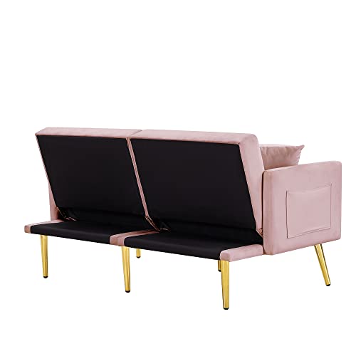 60" Convertible Velvet Futon Sofa Bed, Sleeper Sofa Couch with 2 Pillows and Adjustable Backrest, Modern Loveseat with Side Storage Pockets for Living Room, Bedroom (Pink)