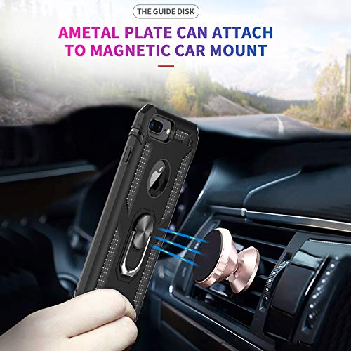 LeYi Compatible for iPhone 8 Plus Case, iPhone 7 Plus Case, iPhone 6 Plus Case with Tempered Glass Screen Protector [2 Pack], Military-Grade Phone Case with Kickstand Ring for iPhone 6s Plus, Black