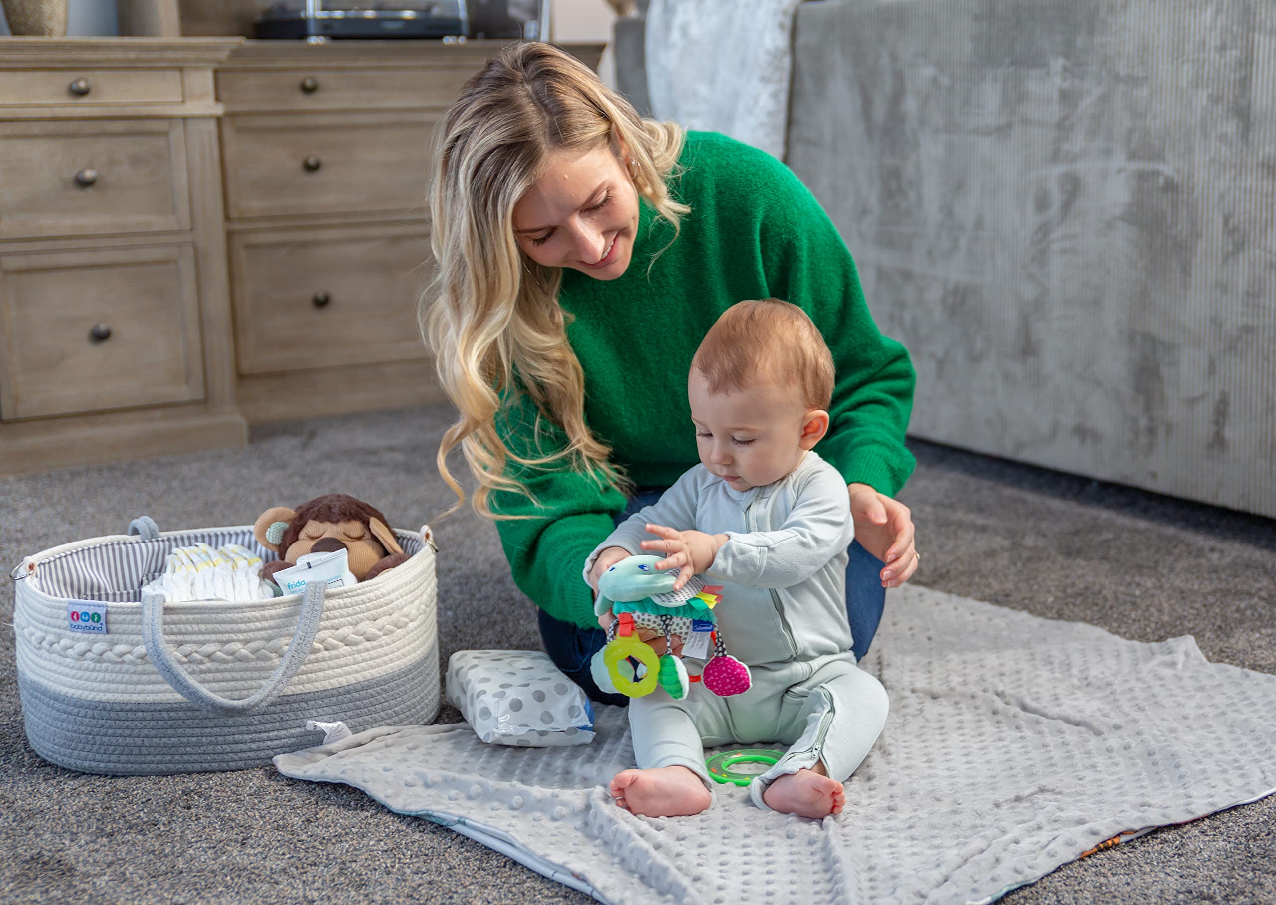 Extra Large Baby Diaper Caddy Organizer - Baby Basket Diaper Storage and Baby Caddy Nursery Organization - Diaper Organizer Changing Table Storage - Portable Rope Diaper Caddy with Baby Storage Basket