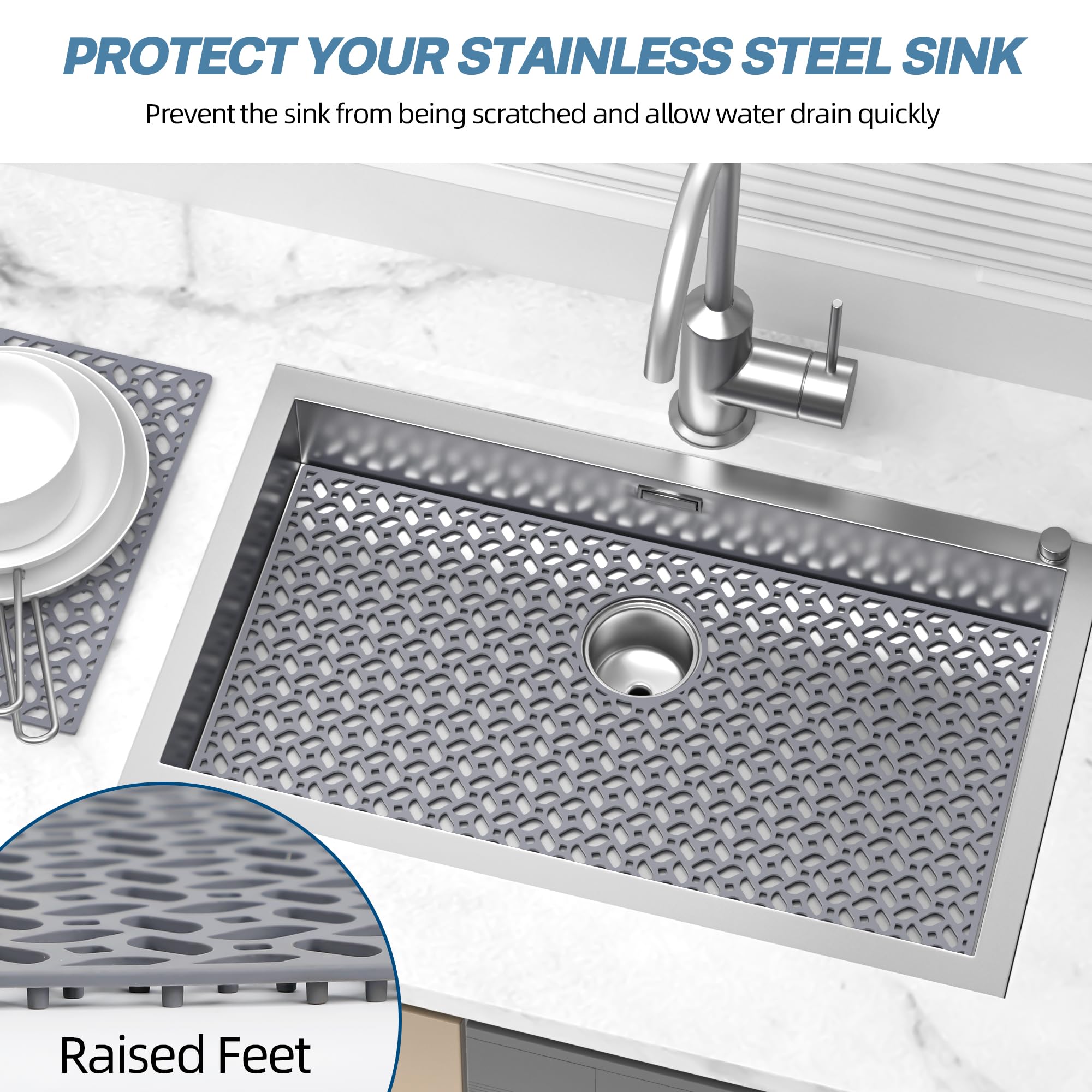 Sink Mat Protector for Kitchen Sink, JUSTOGO 29.5" x 15.6" Silicone Kitchen Sink Protector Grid for Stainless Steel Sink with Rear Drain, Heat Resistant