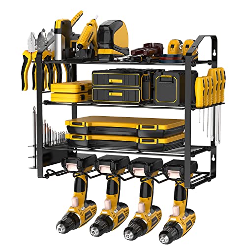 Kcysta Power Tool Organizer, 4 Tier Power Tool Organizer Wall Mount, Heavy Duty Tool Organizers with Drill Holder, Tool Rack Tool Holder Storage Tool Shelf, Black