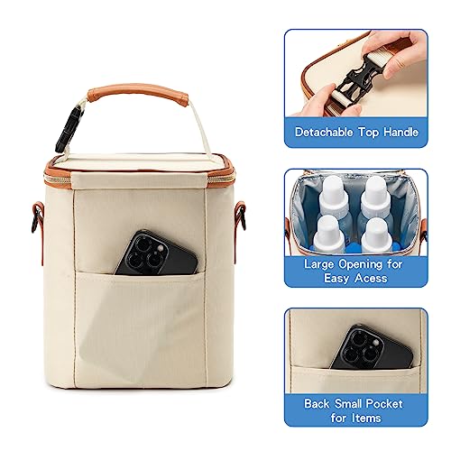 BABEYER Breast Milk Cooler Bag with Ice Pack Fits 4 Baby Bottles Up to 9 Ounce, Baby Bottle Bag with Shoulder Strap for Nursing Mom Daycare, Cream