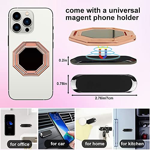 Cell Phone Ring Holder Finger Kickstand, Miivaarz 360° Rotation Cellphone Back Grip, Foldable Metal Ultra-Thin Phone Stand for iPhone iPad Smartphones (with Universal Magnetic Car Mount) (Rose Gold)