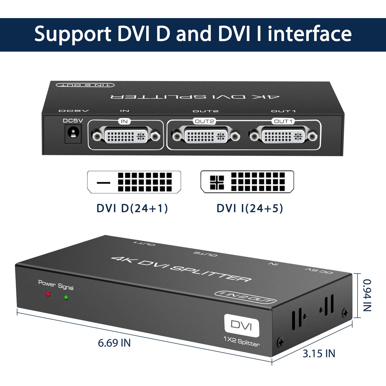 DVI Splitter 1 in 2 Out 2 Port DVI Dual Monitors Distribution Duplicator Video Splitter Support EDID Management Resolution up to 4K30Hz for PC Laptop DVR Projector HDTV