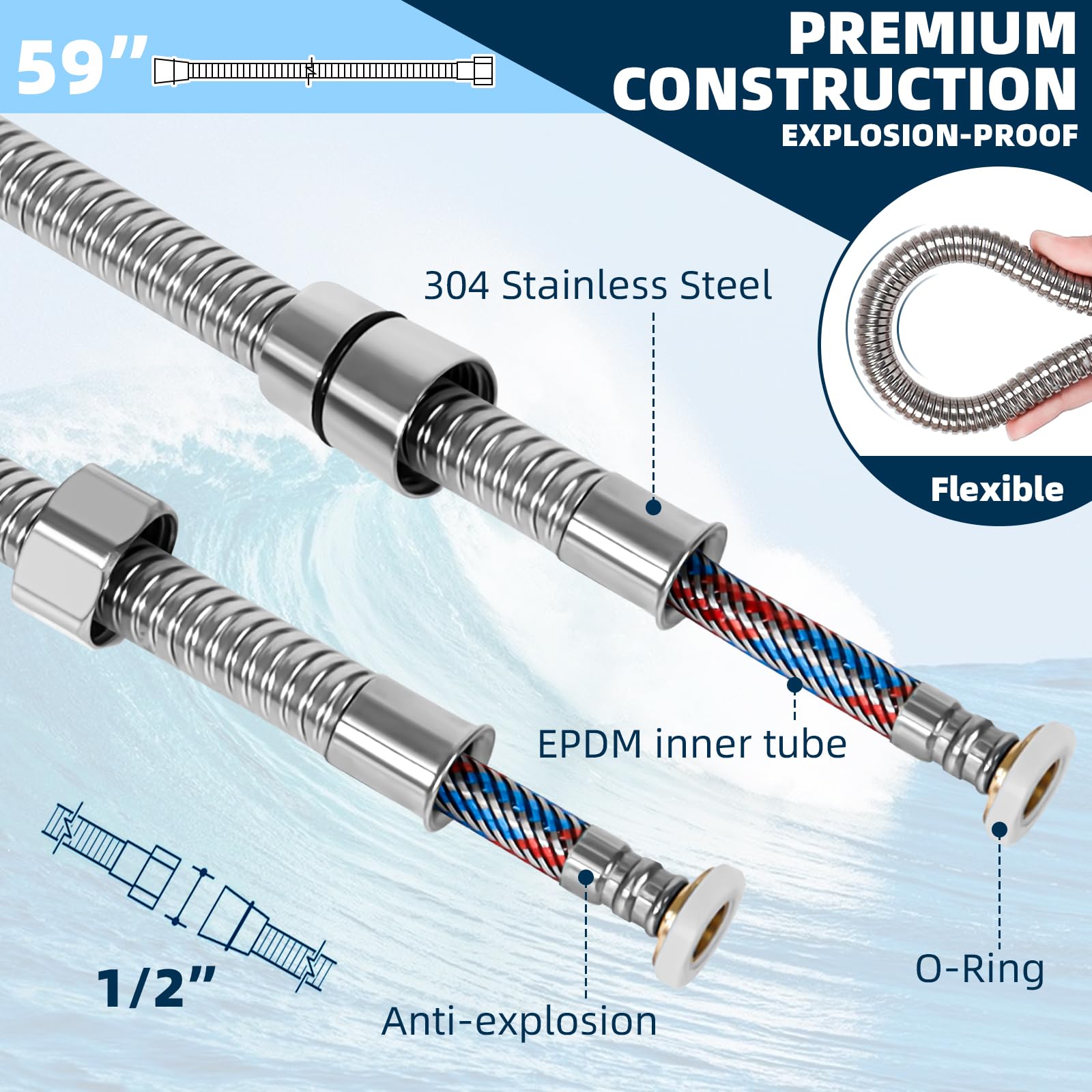 59 Inches Shower Hose,Bidet hose,304 Stainless Steel Handheld Shower Head Hose,The thread interface size is 0.8 Inch(G1/2 or 20mm)(Chrome)