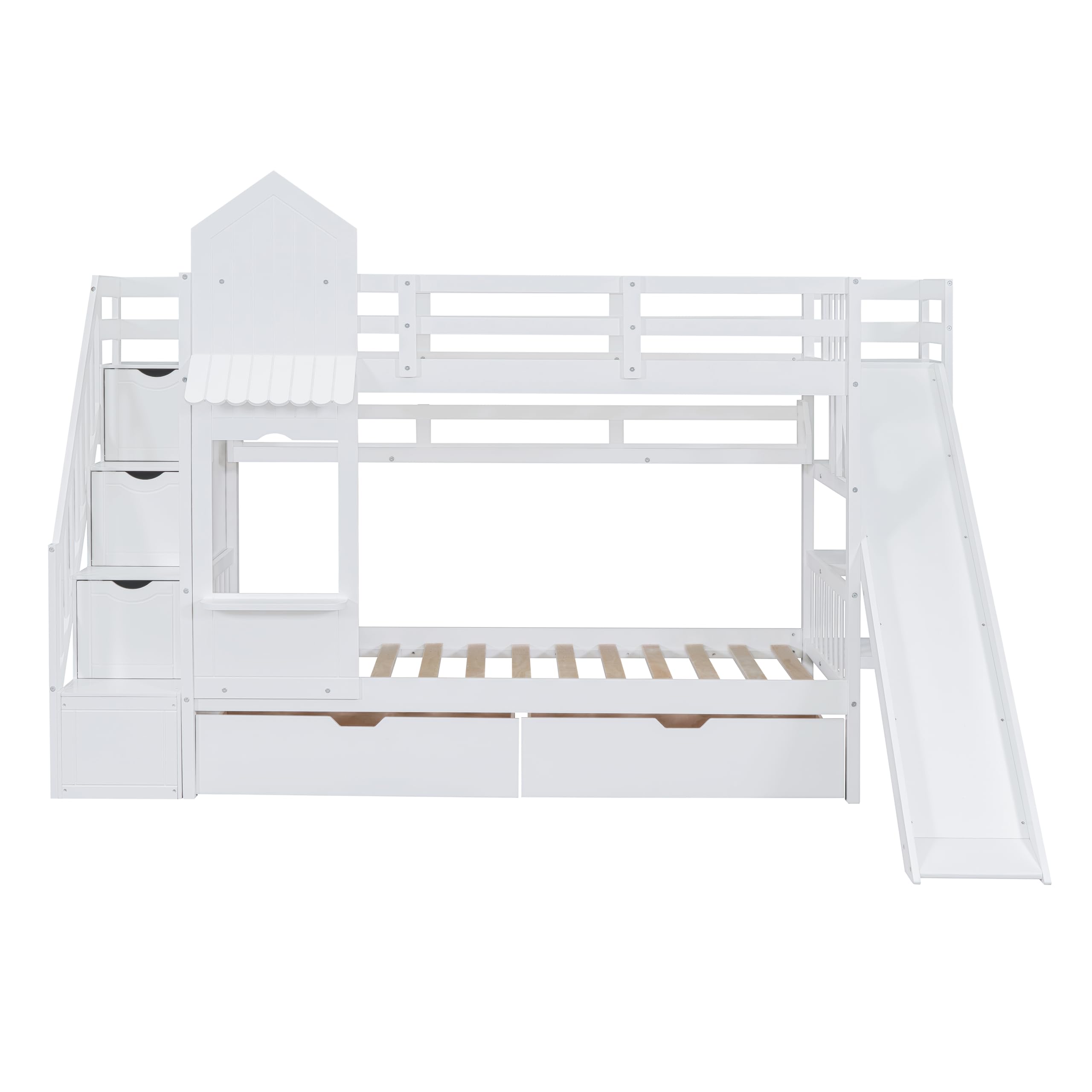 MERITLINE Twin Over Twin Bunk Bed for Kids, Castle Bunk Beds with 2 Drawers 3 Shelves and Slide, Solid Wood Twin Bunk Bed for Kids Girls Boys Teens (White)