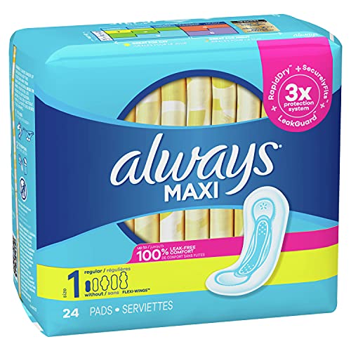 Always Maxi Feminine Pads for Women, Regular Absorbency, 24 Count, No Wings, Unscented (24 Count)