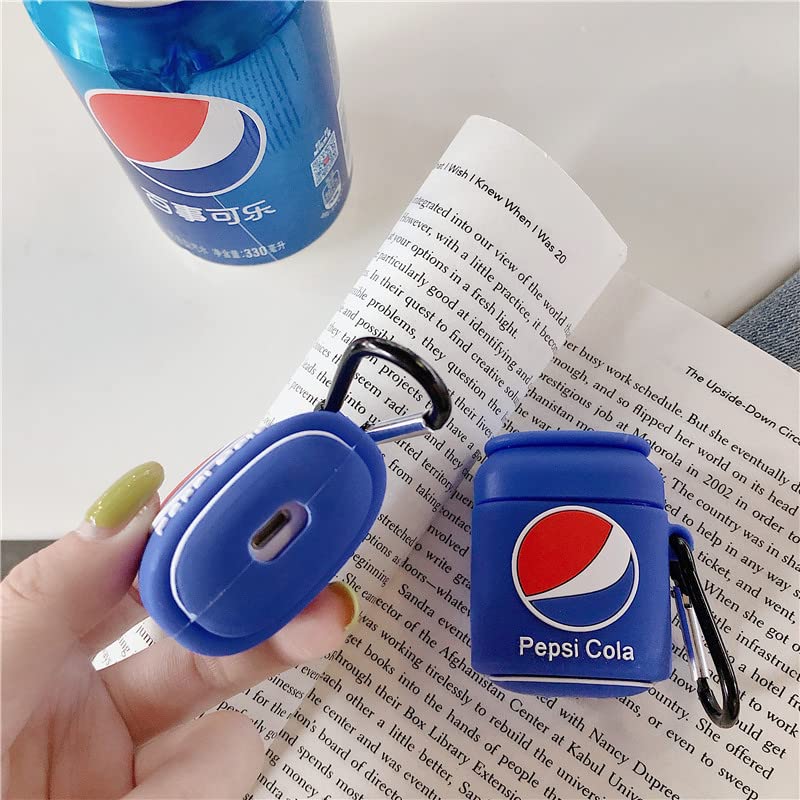 Ultra Thick Soft Silicone Pepsi Cola Case with Hook for Apple Airpods 1 2 Air Pods Wireless Earbuds Protective 3D Blue Drink Can Shaped Fun Cool Fresh Gift Kids Teens Men Boys Girls