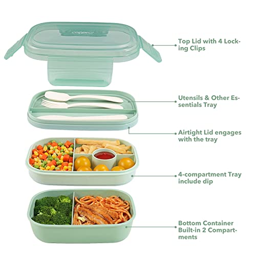 Caperci Stackable Bento Box Adult Lunch Box - 3 Layers All-in-One Lunch Containers with Multiple Compartments for Adults & Kids, 55 oz Large Capacity, Built-in Utensil Set & BPA Free (Green)