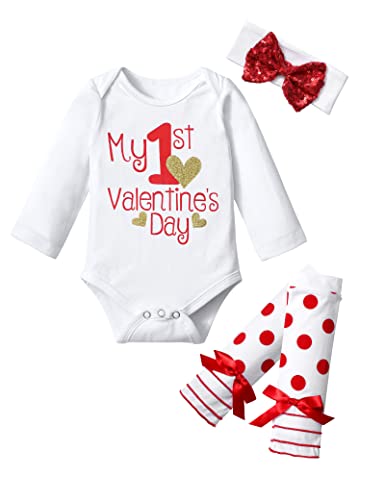 DONWEN Baby Valentine Outfits 3-6 Months My 1st Valentine's Day Baby Girl Outfit Set Long Sleeve Red Romper Bodysuit Dots Leg Warmers Cute Valentine Outfit Baby Girl