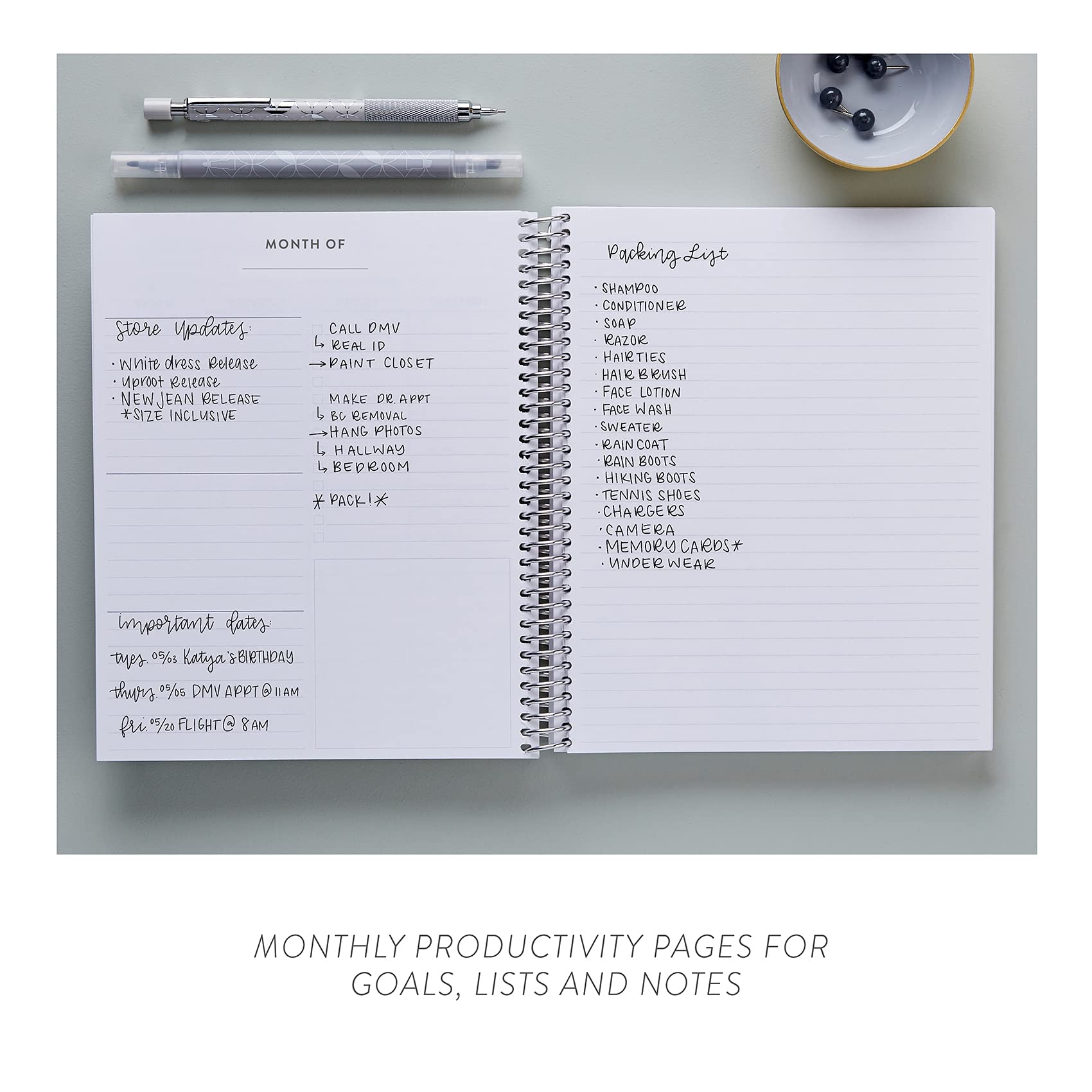7" x 9" Spiral Bound 12 Month Undated Calendar Notebook - Solid Wisteria Vegan Leather with Lined Note and Goals Pages. 80 Lb. Thick Mohawk Paper by Erin Condren.