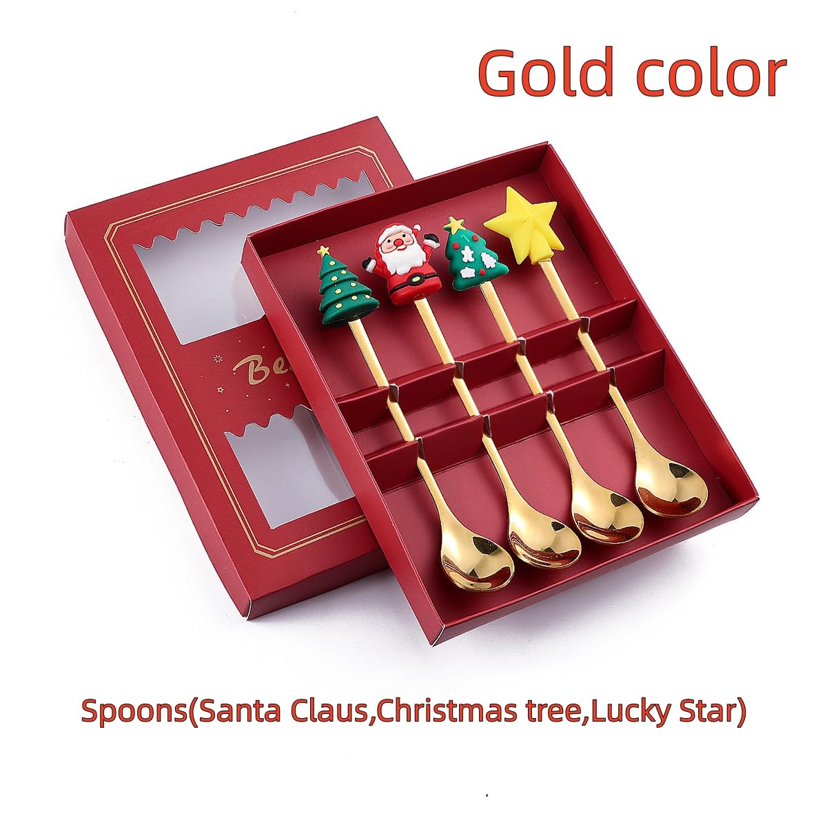 Christmas Coffee Spoons Coffee Stirrers Cake spoon Premium Stainless Steel Ice Tea Spoons, Ice Cream Spoon, Cocktail Stirring Spoons Set of 4(Gold Color)